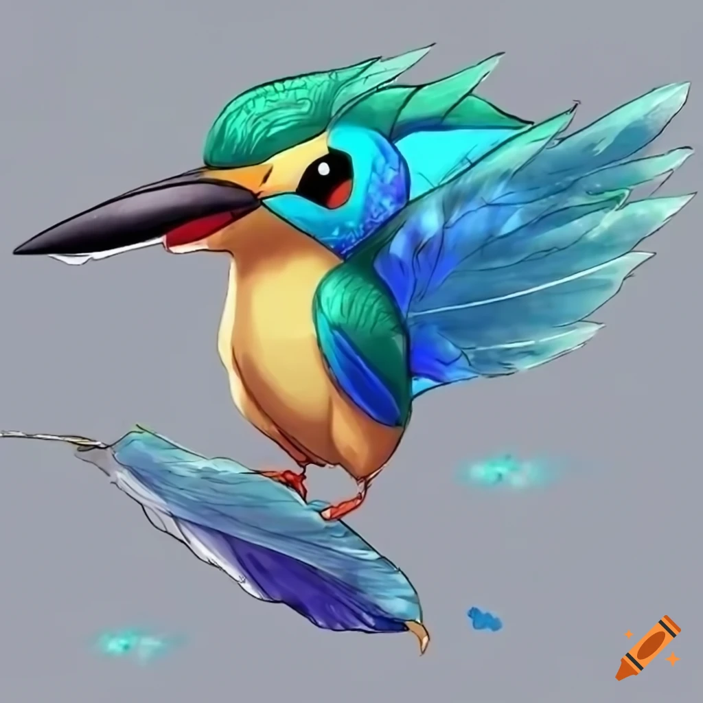 Pokemon-inspired bird with blue crystal feathers in Pokemon art style ...