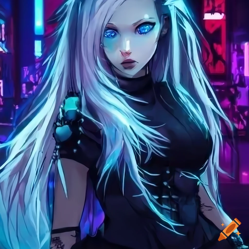 Cyberpunk anime character with long white hair and blue eyes standing ...