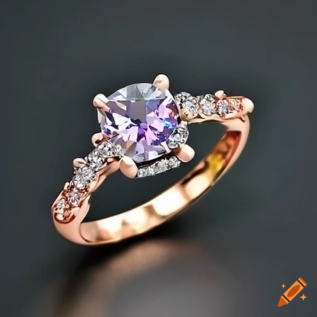 Engagement ring with reflective rainbow gem and intricate rose branch ...