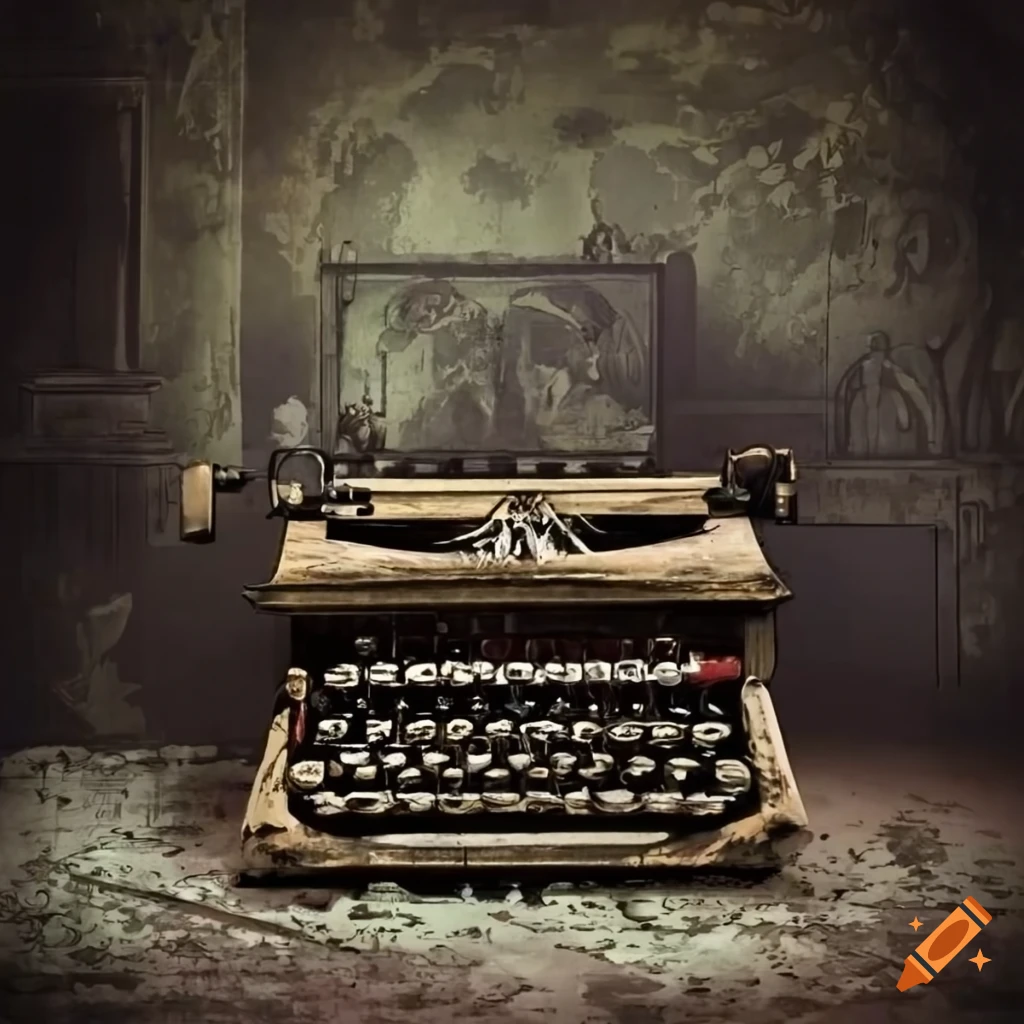 Macabre gothic-style artwork of vintage typewriter and eerie furniture ...