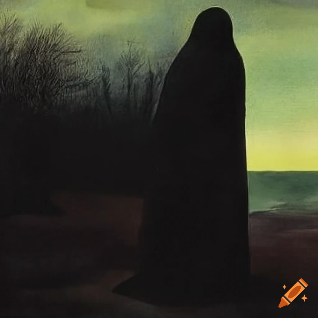Watercolor landscape with black figure painting by René Magritte on Craiyon