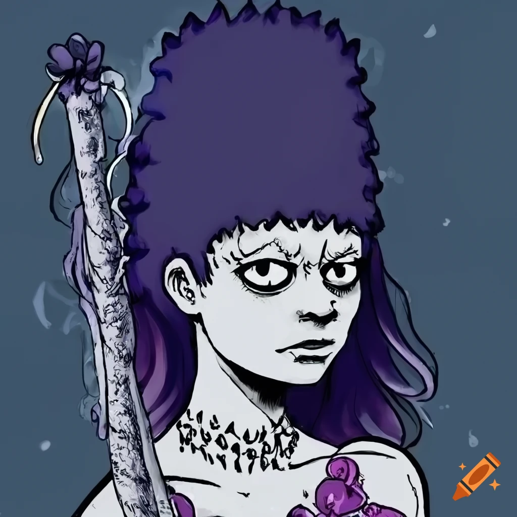 Marge Simpson as a sorceress with a staff in Junji Ito style on Craiyon