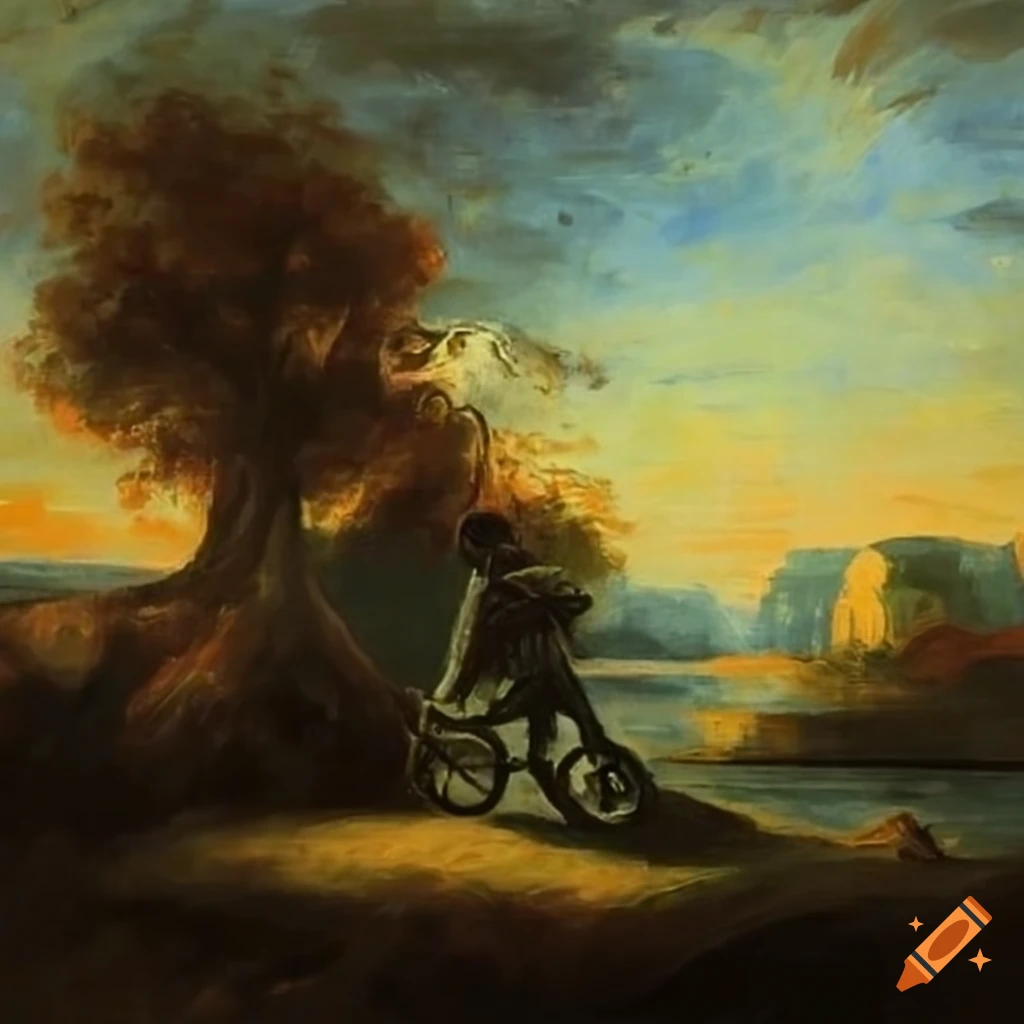 Picasso's painting of Beethoven riding a bicycle in a serene landscape ...