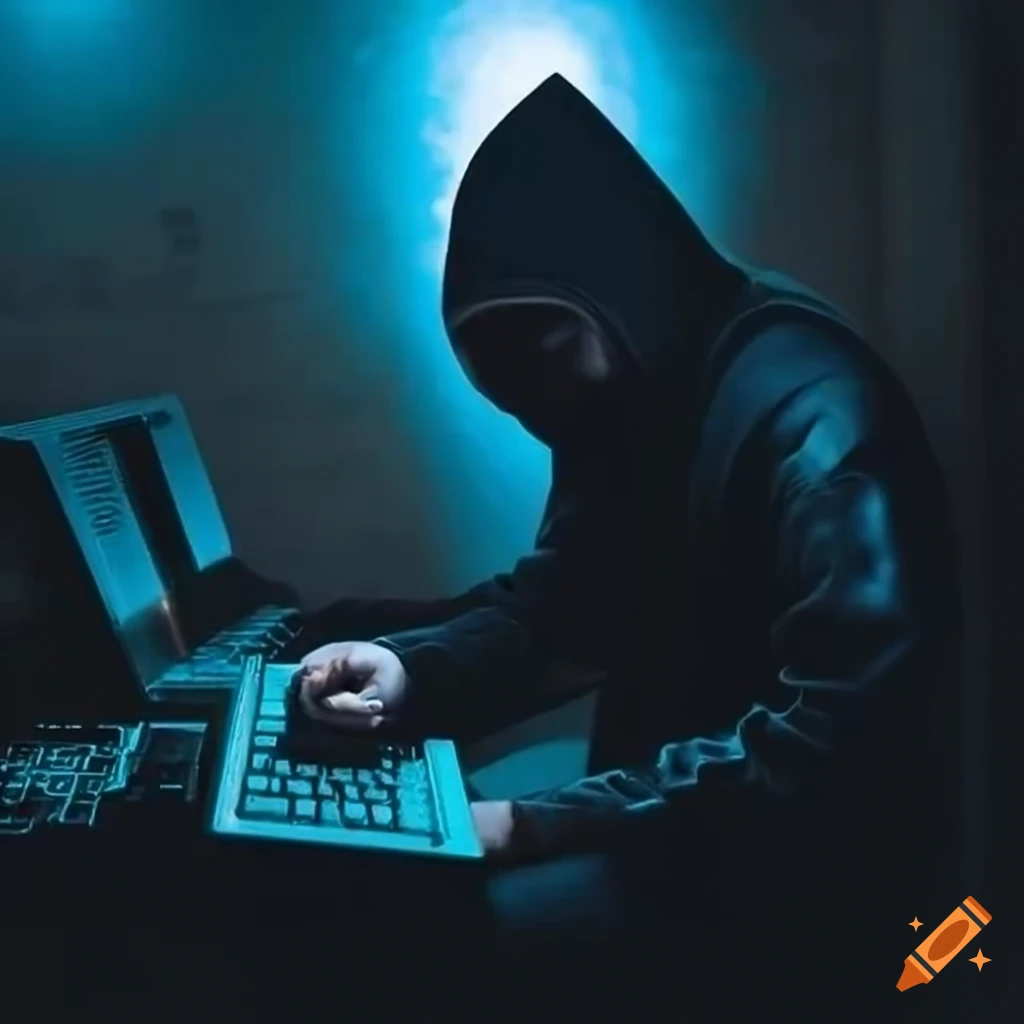 Gothic programmer typing on high-tech computer in dim room on Craiyon