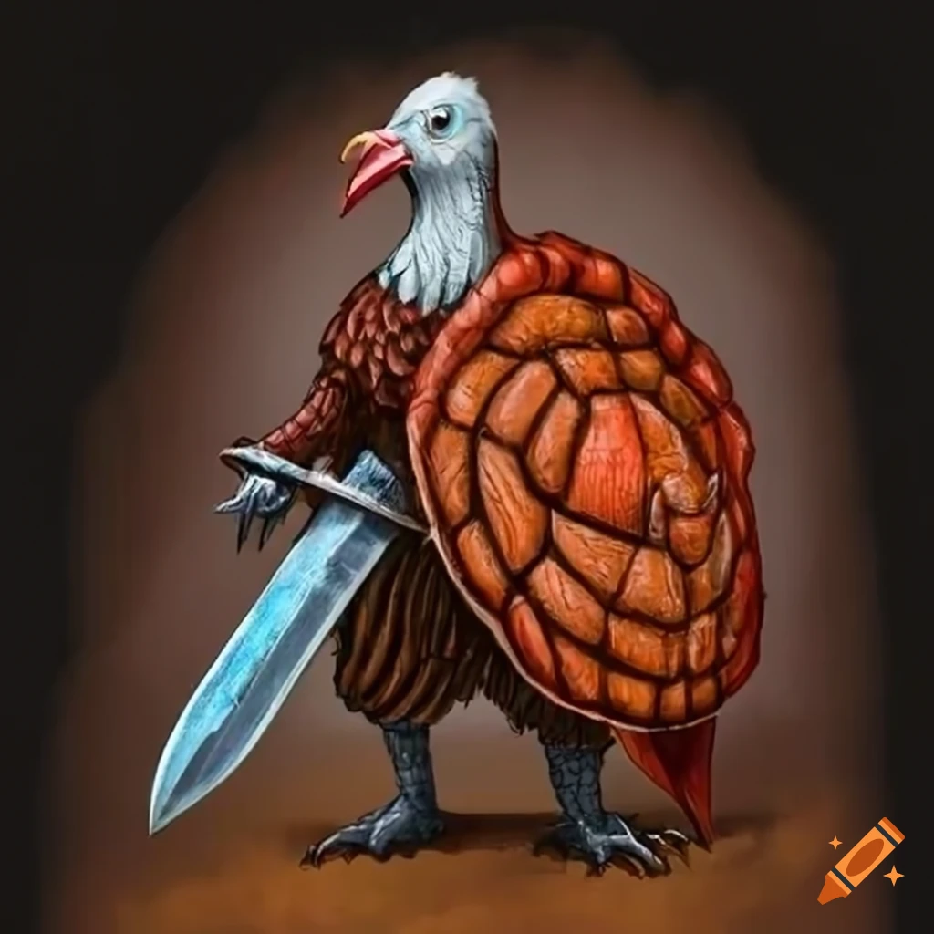 Anthropomorphic turkey with a sword and shield in a Berserk-style artwork on Craiyon