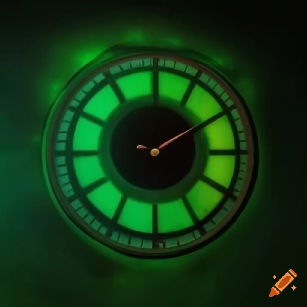 Ethereal clock in the fog with a shining green light on Craiyon