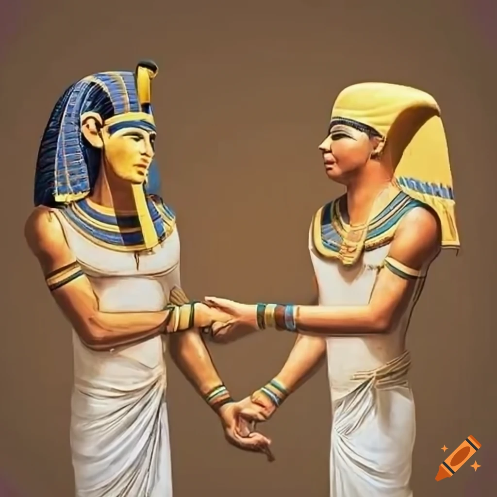 Ancient Egyptians from upper and lower Egypt meeting and shaking hands ...