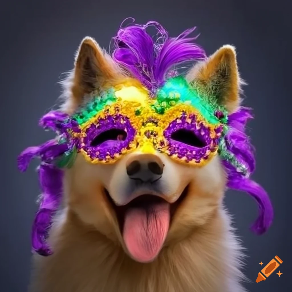 Samoyed wearing a mardi gras mask on Craiyon