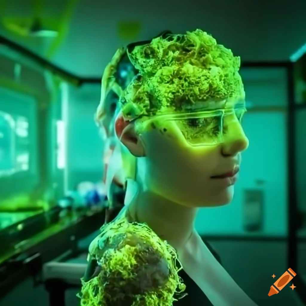 High-tech biopunk cyborg covered in glowing biopunk moss in a ...
