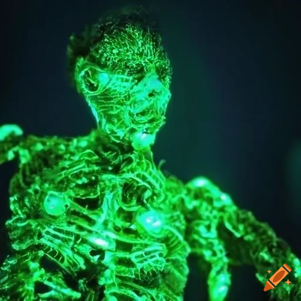High-tech biopunk cyborg covered in glowing moss in a futuristic ...