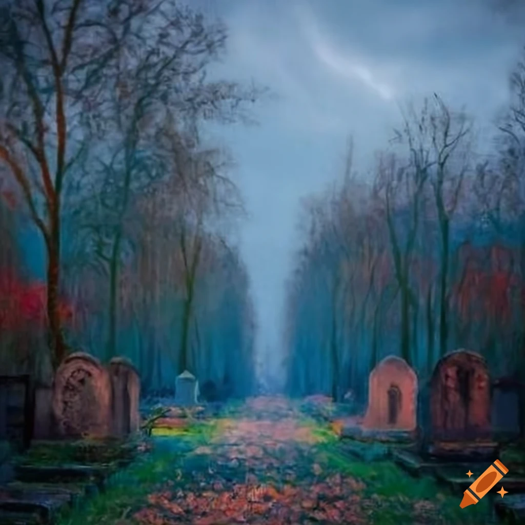 Monet style sad cemetery on a cloudy day on Craiyon