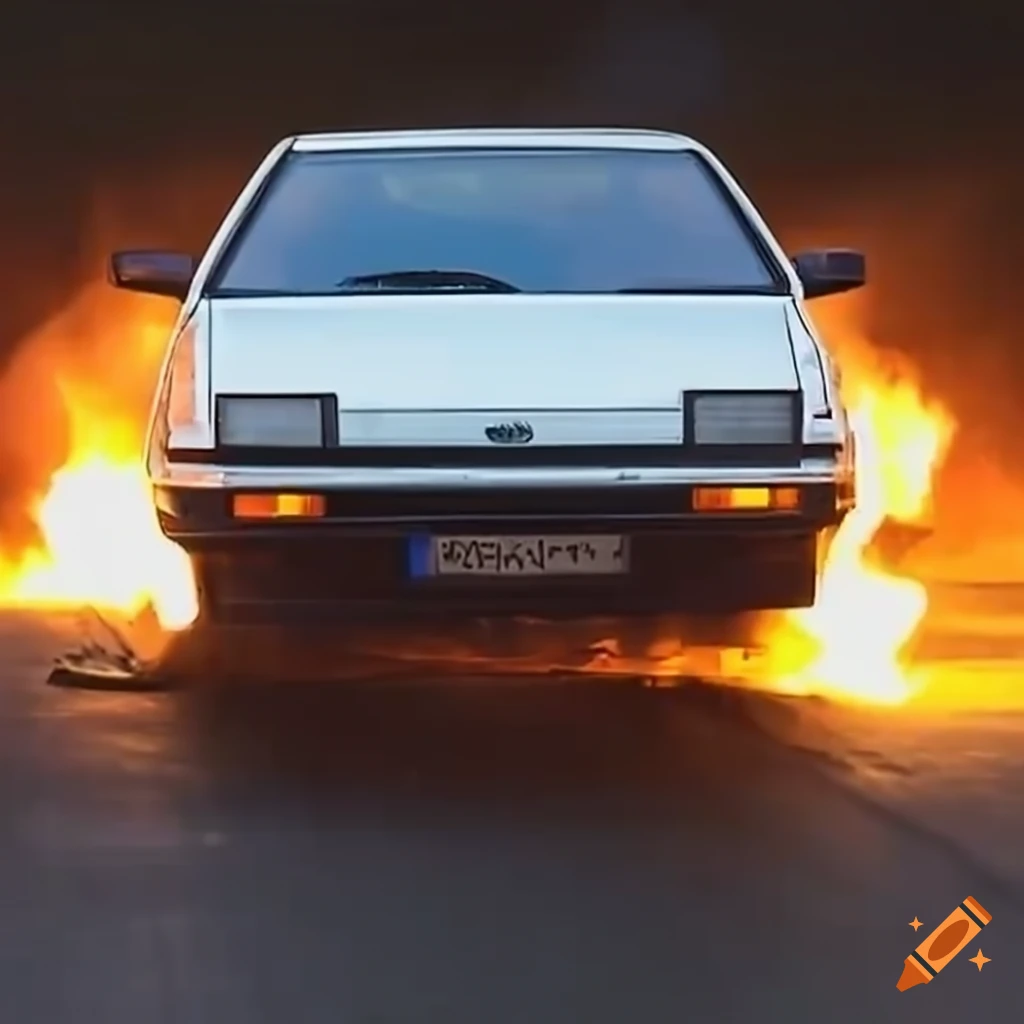 Flaming white Toyota AE86 with pop up headlights driving down a ...