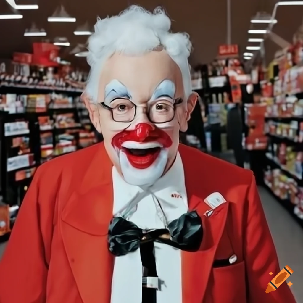 Portrait of Colonel Sanders with clown makeup in a retail store on Craiyon