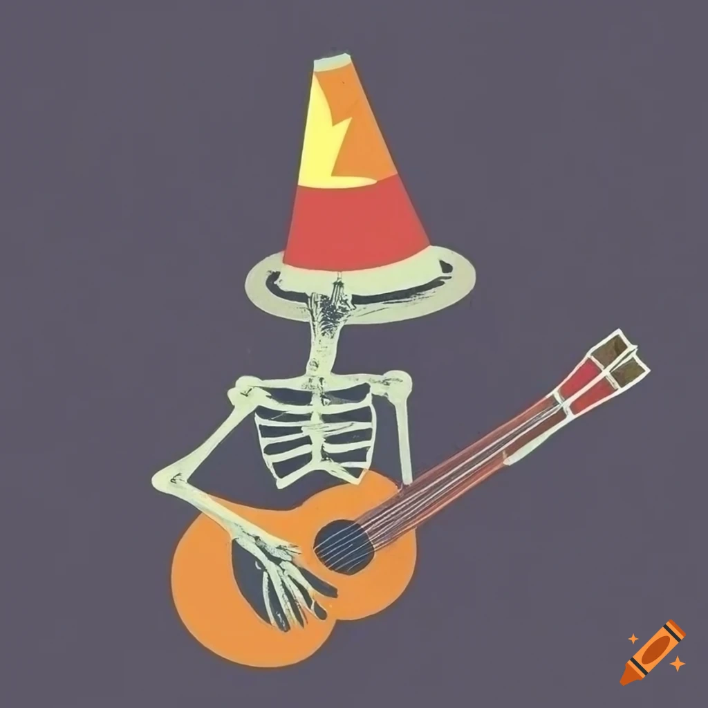 Cubism abstract skeleton with ukulele and traffic cone hat in woodcut ...