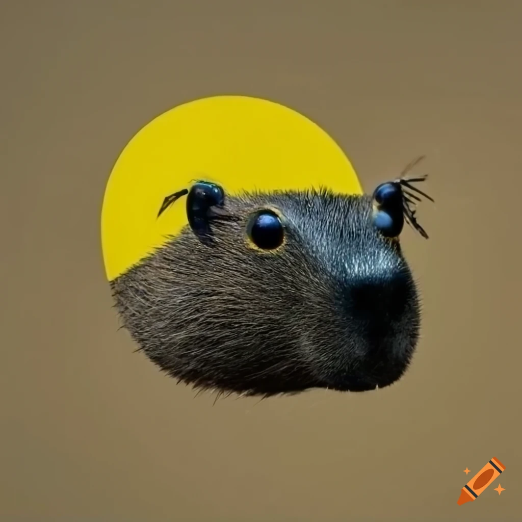 Facetted bee eyes on a flying capybara in black and yellow on Craiyon