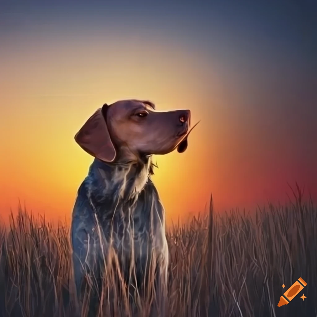 Hunting dog in a field at sunset on Craiyon