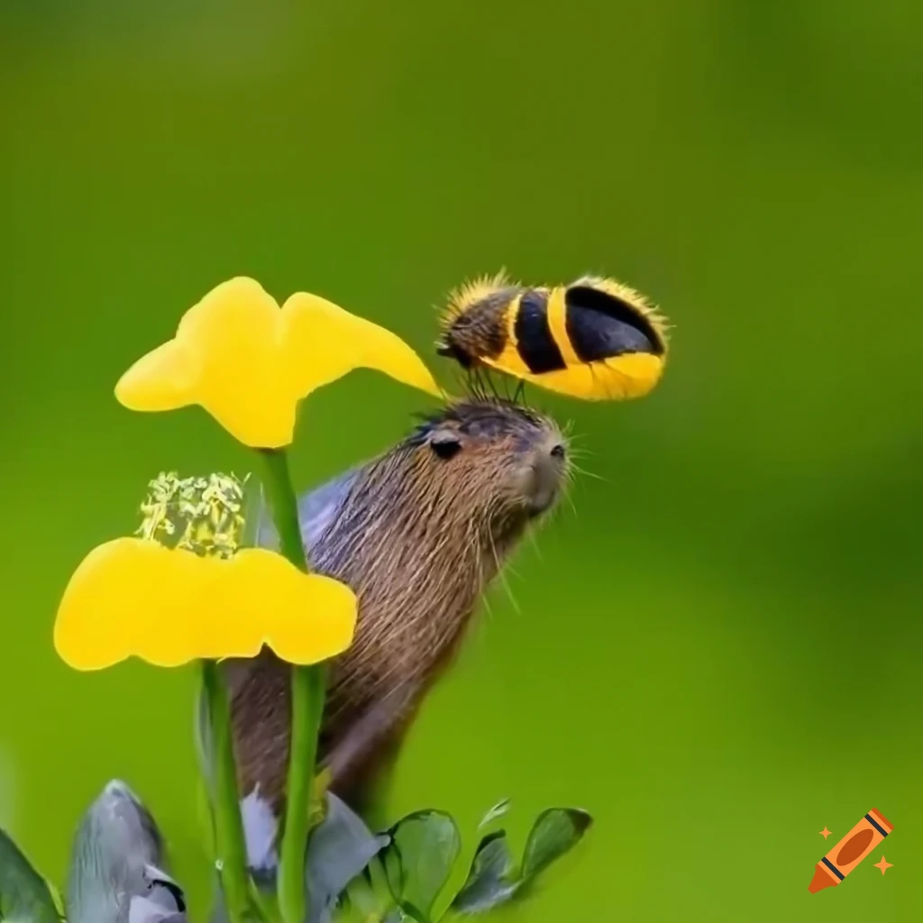 Capybara with facetted bee eyes drinking nectar from a flower on Craiyon