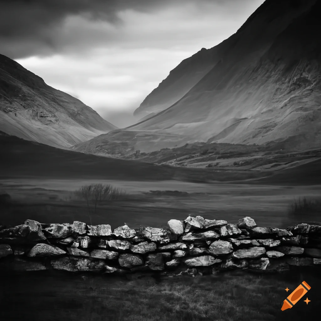 Old stone fence in the scottish countryside in stunning black and white ...