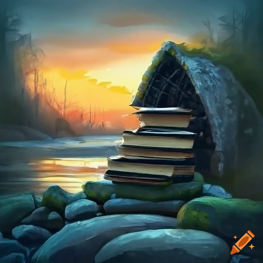 Stack of books on a moss-covered river stone in a cellar during golden ...