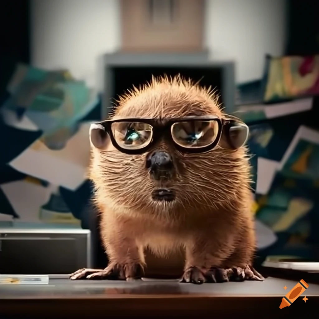 Beaver wearing glasses and surrounded by papers in front of computer on ...