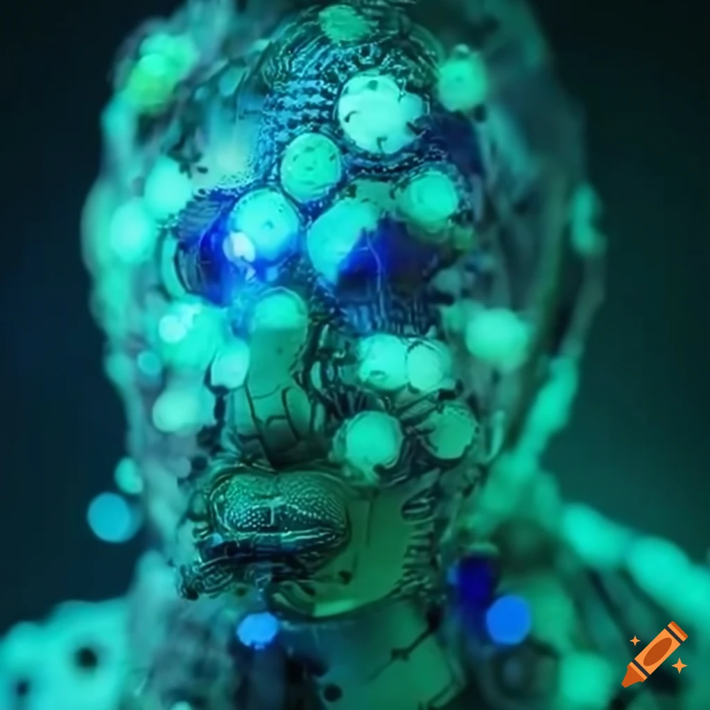 High-tech biopunk cyborg covered in glowing moss in a futuristic ...