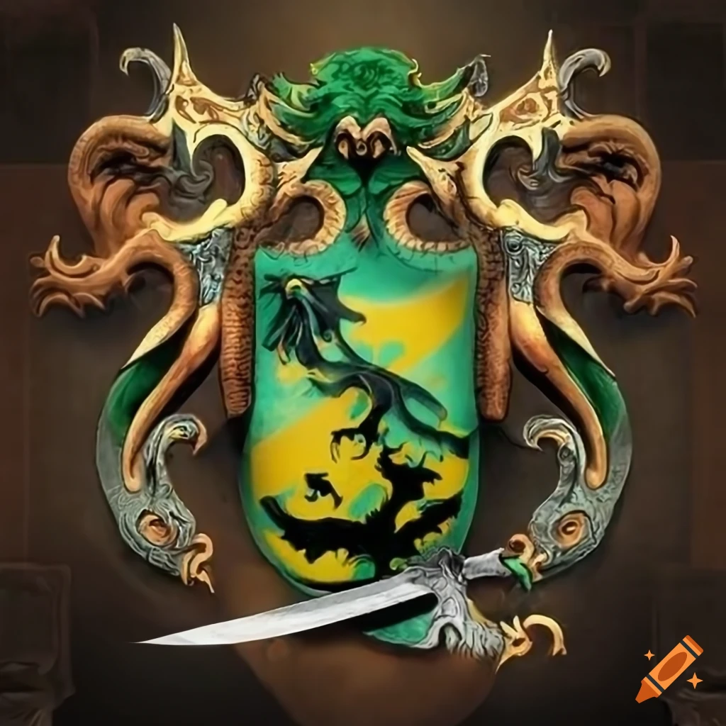 Crest with swords and dragon in green and yellow colors on Craiyon