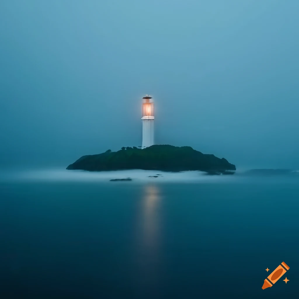Seascape with a mysterious lighthouse on a lush island lightly obscured ...