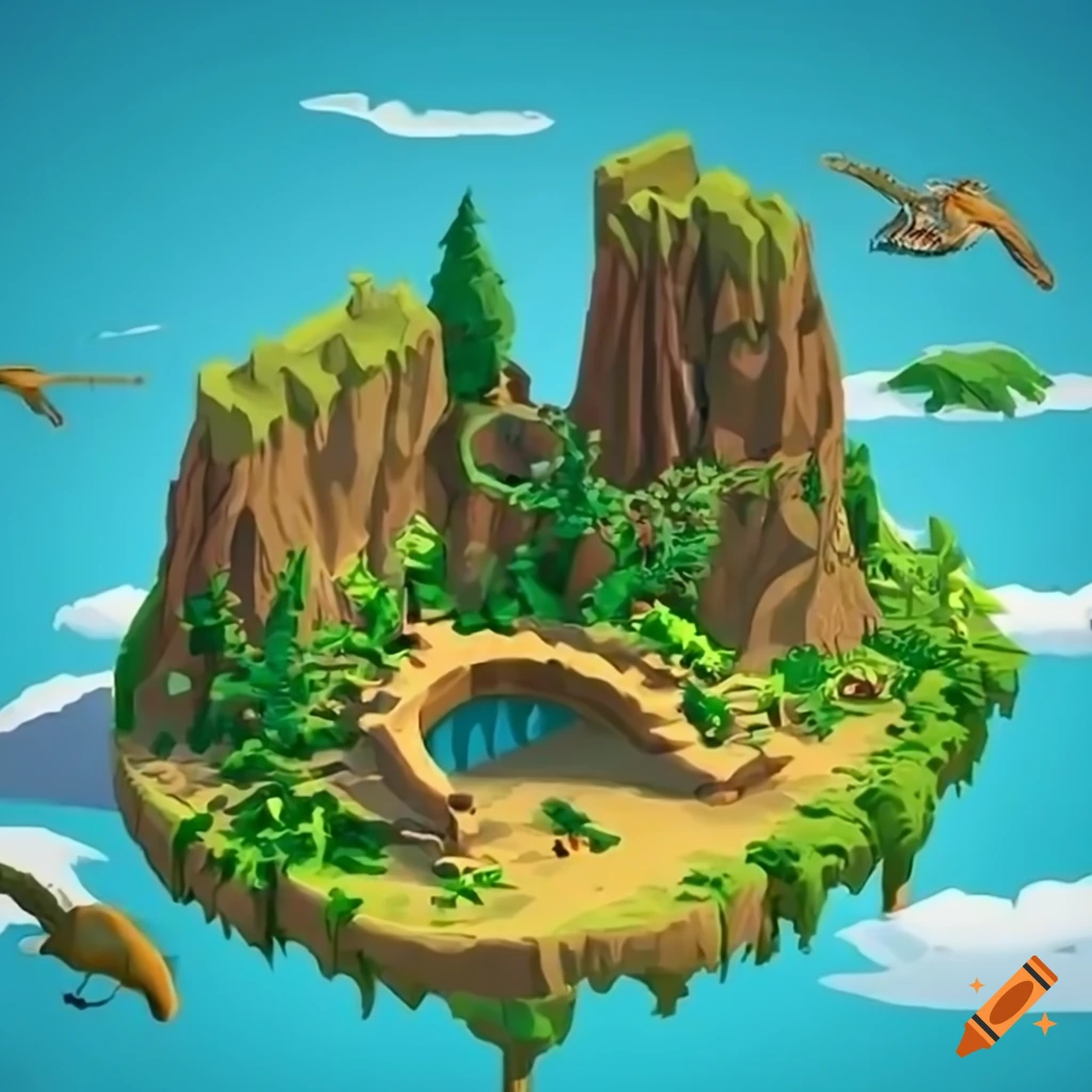 Isometric jurassic-style island in full hd quality on Craiyon