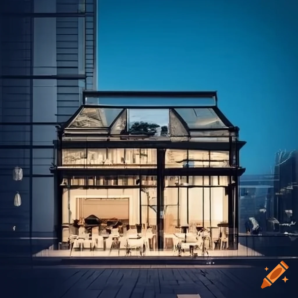 Glass facade building with rooftop cafe on slanted roof on Craiyon