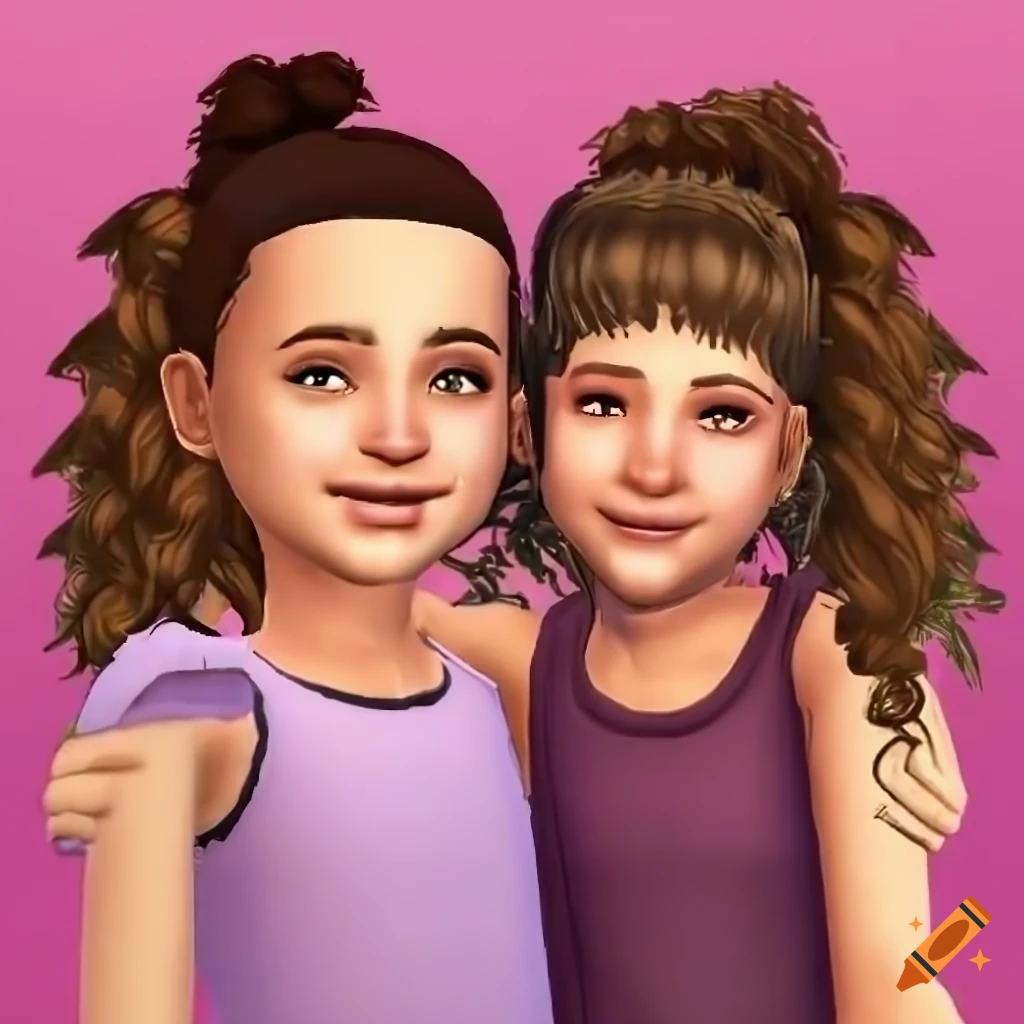Two happy siblings with curly brown hair in sims 4 style illustration ...