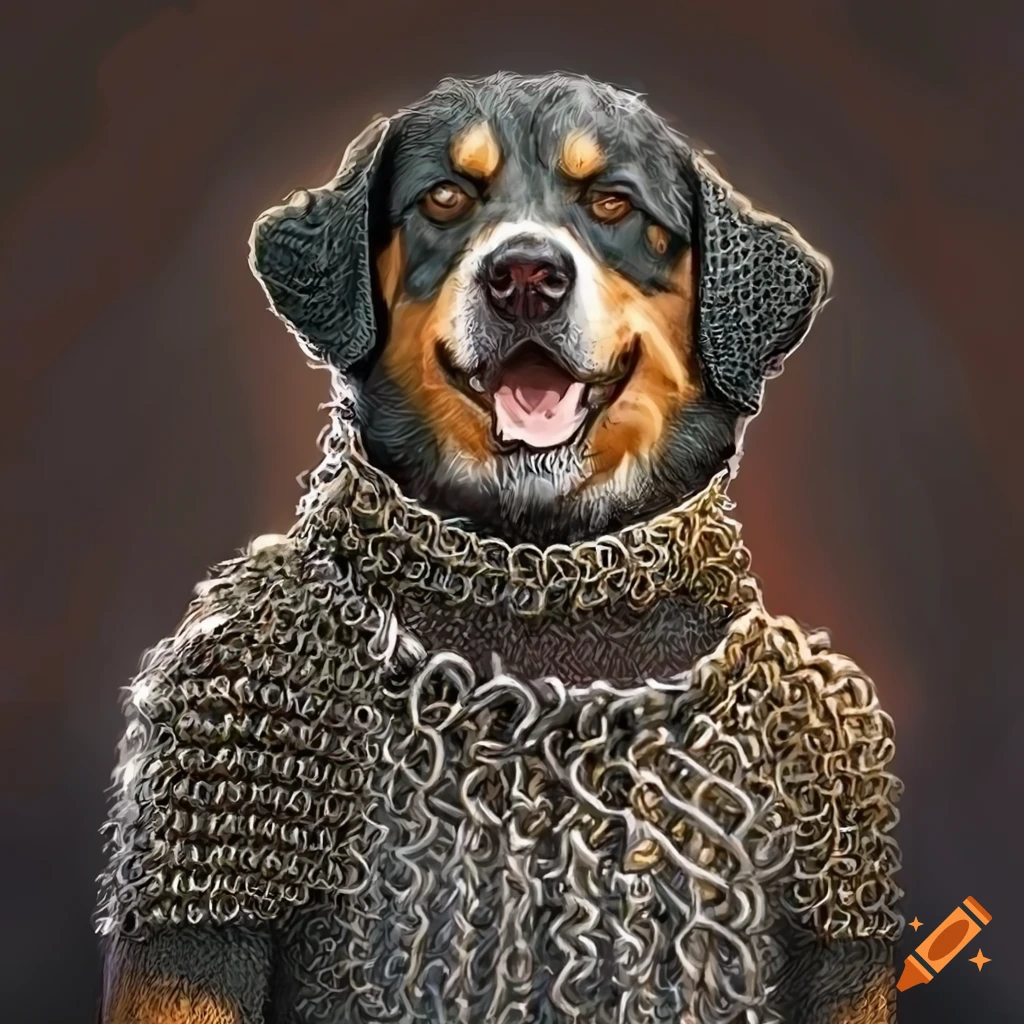 Entlebucher mountain dog in chain mail armor in a fantasy setting on ...