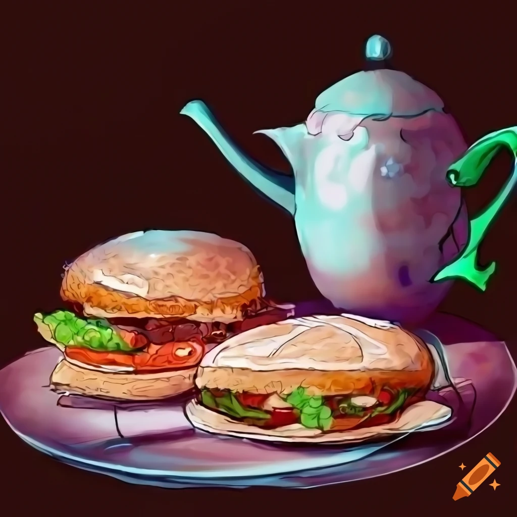 Breakfast with tea and sandwich in anime style on Craiyon