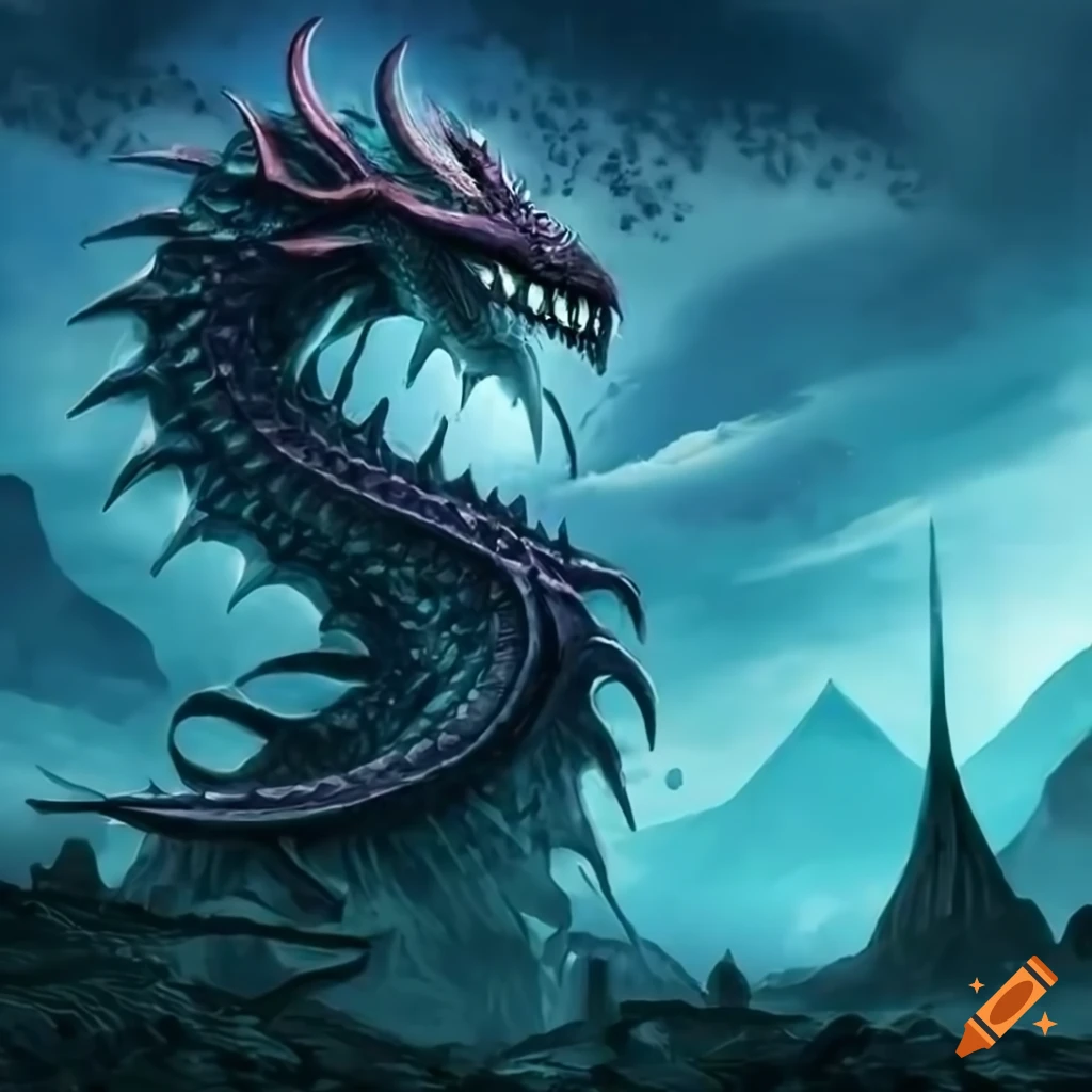 Mythical creature with scales and tentacles in a dragon landscape on ...