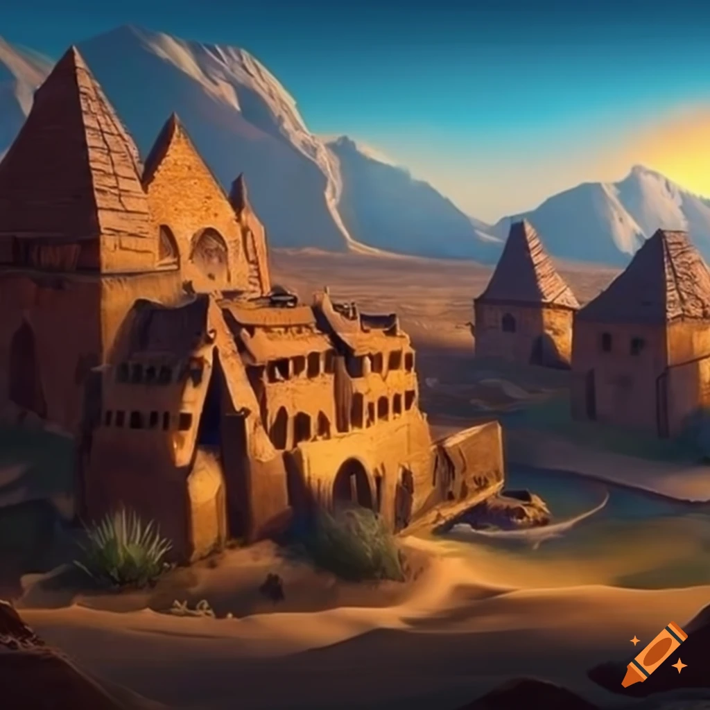 Fantasy desert village by a river on Craiyon
