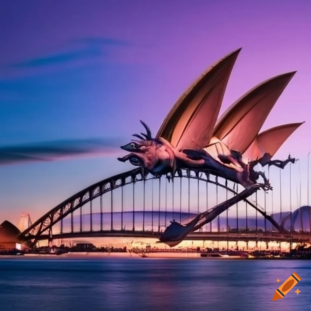 Five flying dragons over sydney opera house on Craiyon