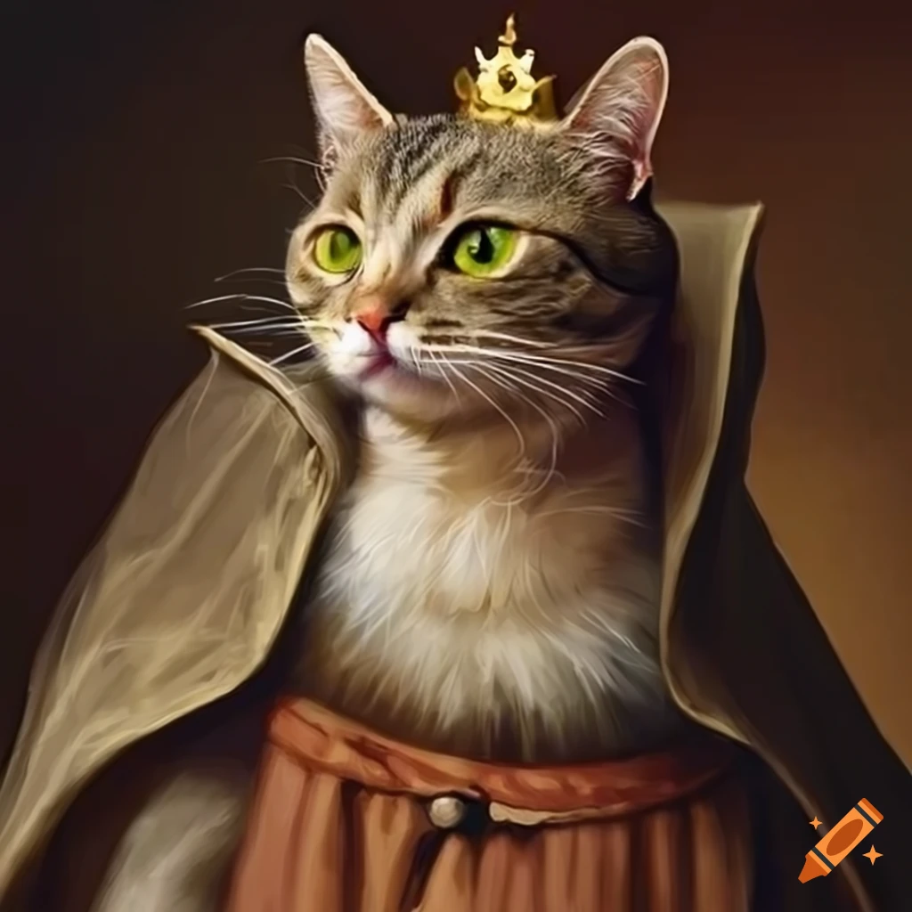 Medieval female cat wearing a cloak and crown on Craiyon