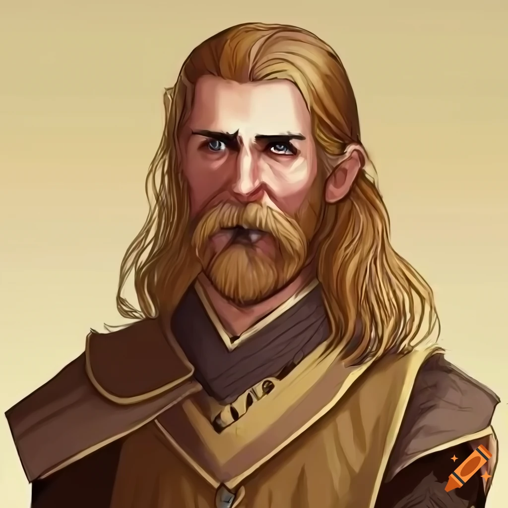 Western slavic wizard with long dark blond hair and impressive mustache ...