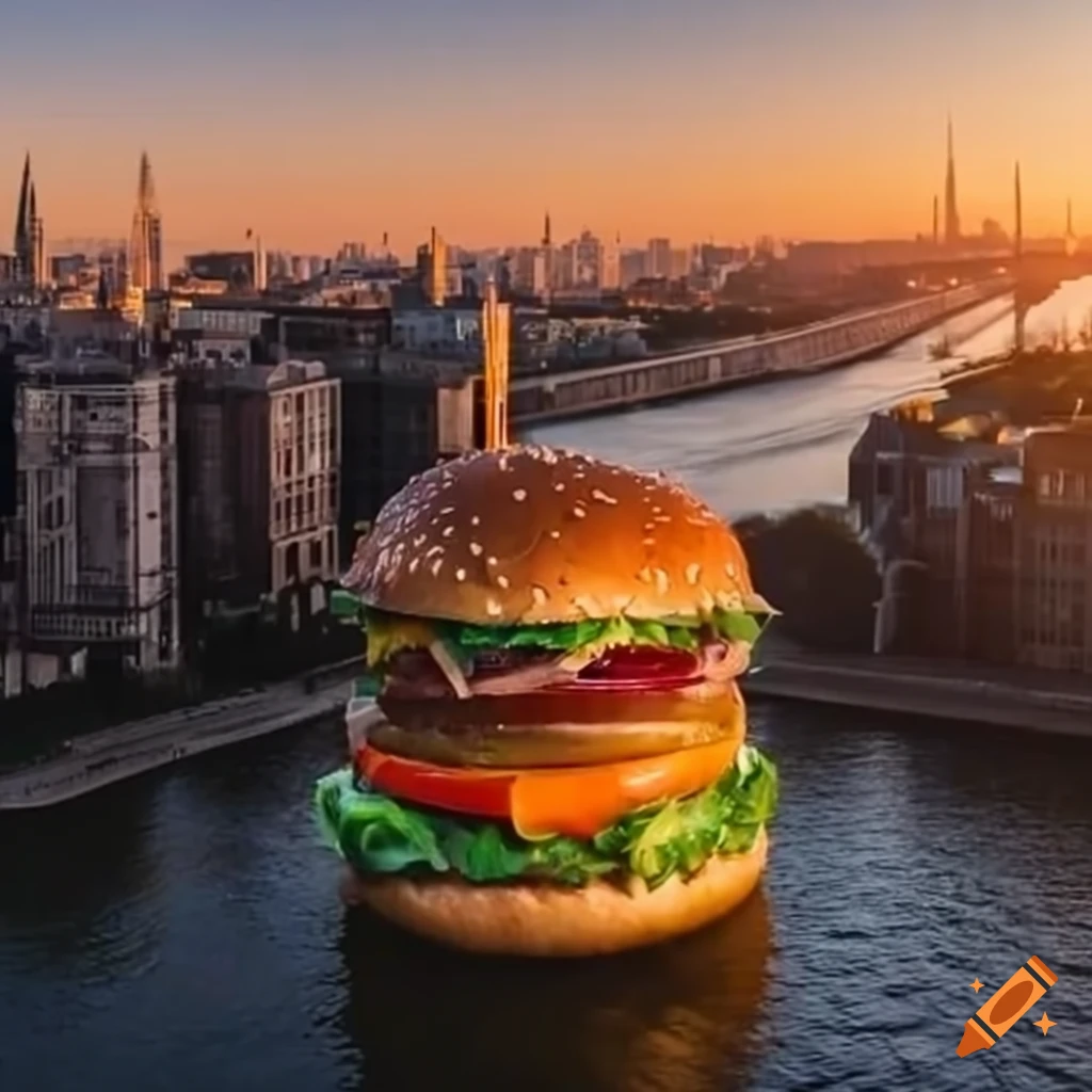 Iconic veg burger statue next to a vibrant cityscape at sunset on Craiyon
