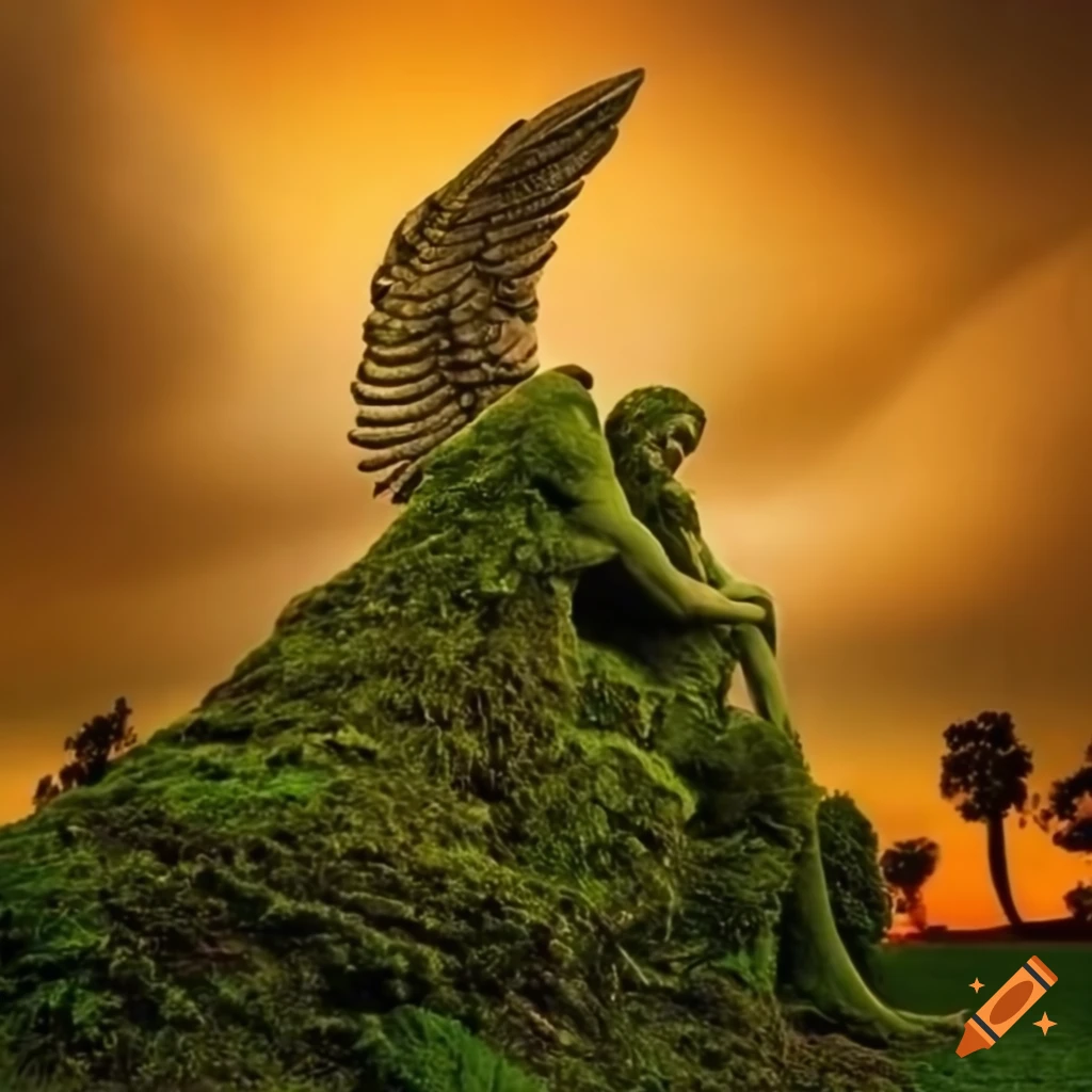 Giant angel statues with moss and vines at sunset on Craiyon