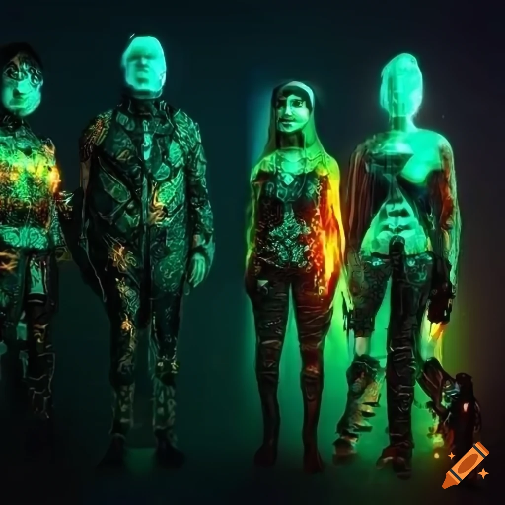 Biopunk family in futuristic outfits surrounded by glowing biopunk moss ...