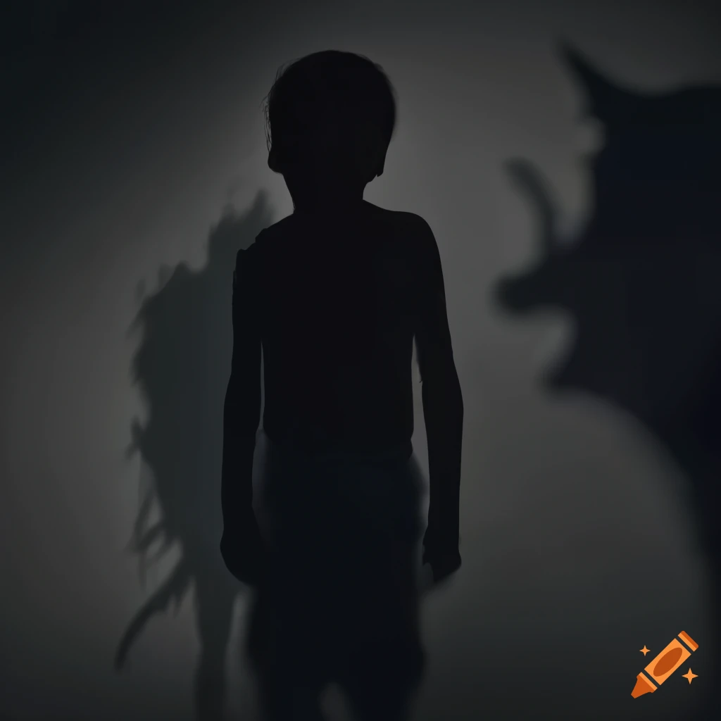 Shadow of a boy surrounded by wolves with glowing eyes in a dark ...