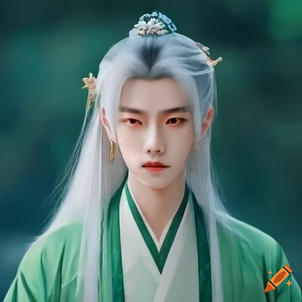 Young male god of life in green and silver hanfu dress on Craiyon