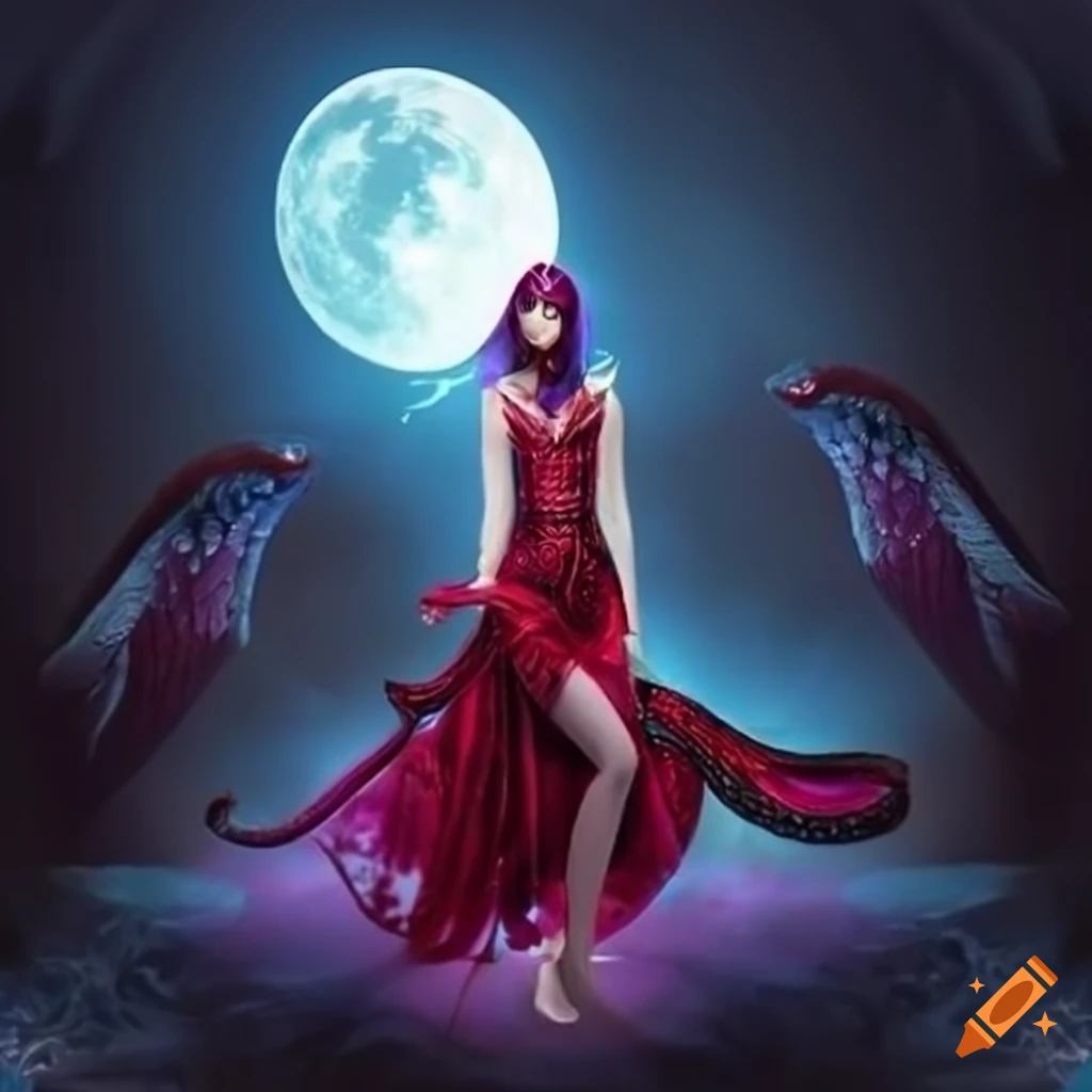 Beautiful red serpent angel with wings and moon in black on Craiyon