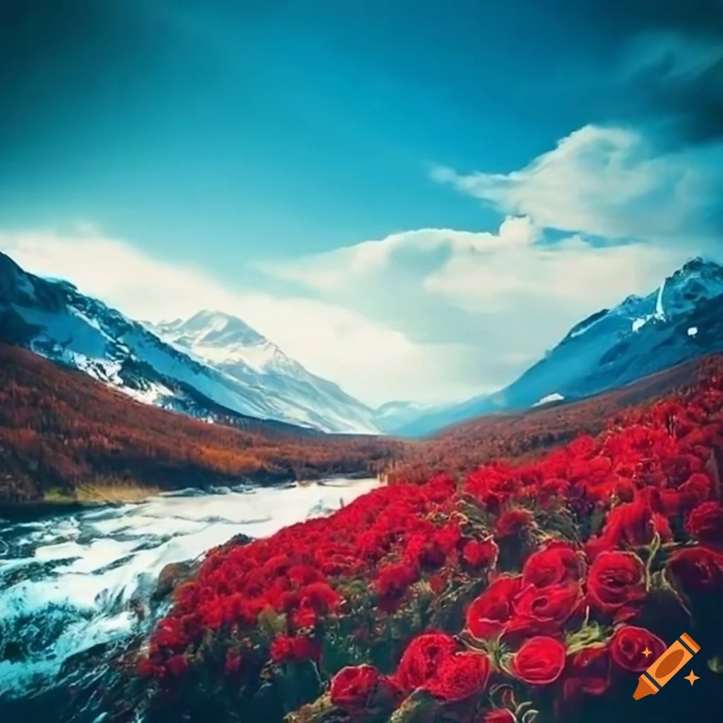 Valley of red roses with snowy mountains and river on Craiyon