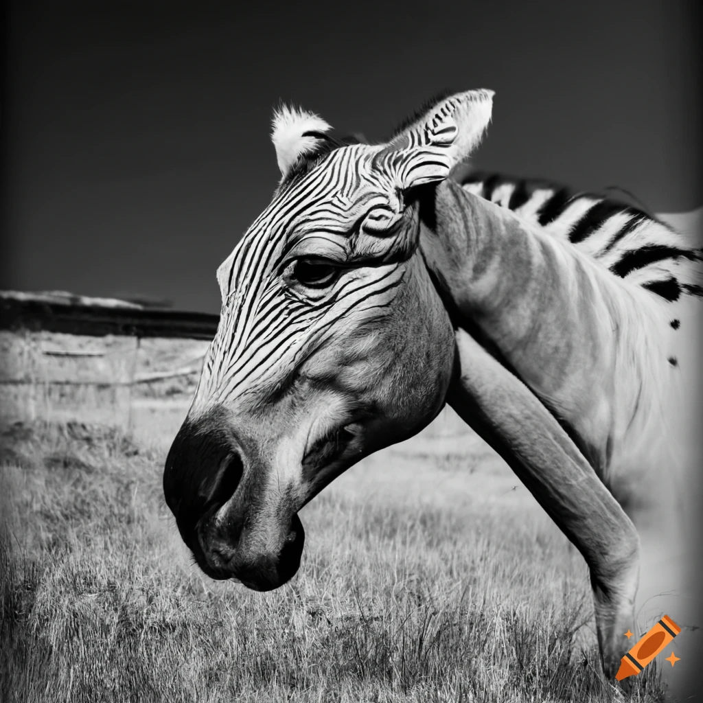 Black and white image of horses and a zebra by a fence with a farm ...