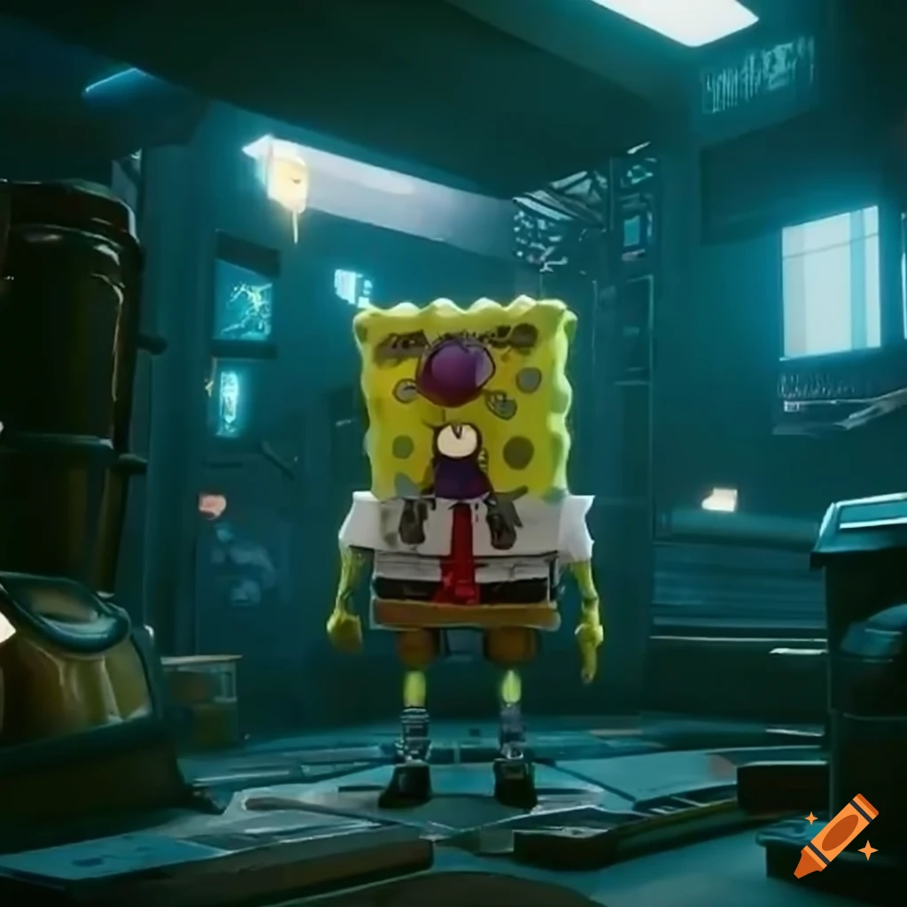 Cyborg spongebob squarepants surrounded by food in cyberpunk 2077 style ...