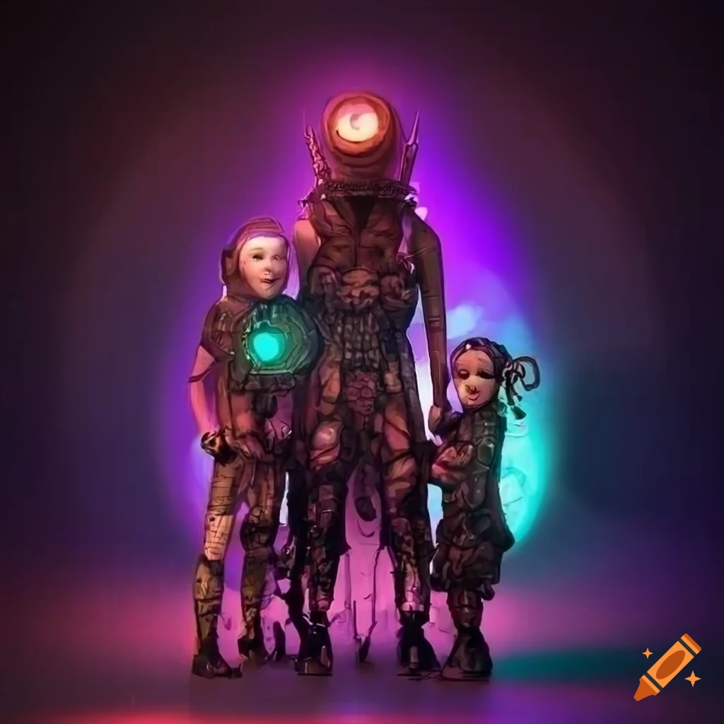 Digital illustration of a biopunk family in a futuristic biopunk ...