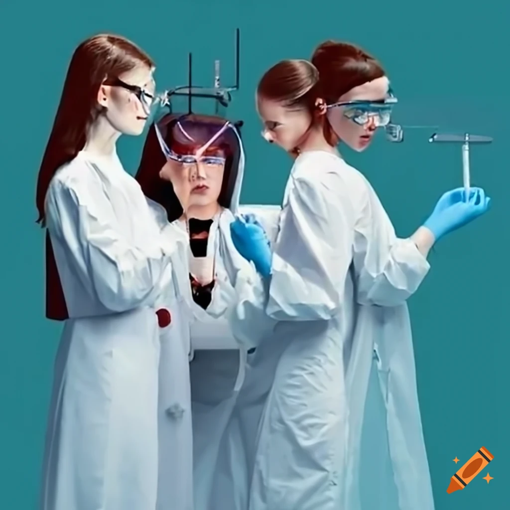 Group of ladies in lab coats conducting experiments on Craiyon