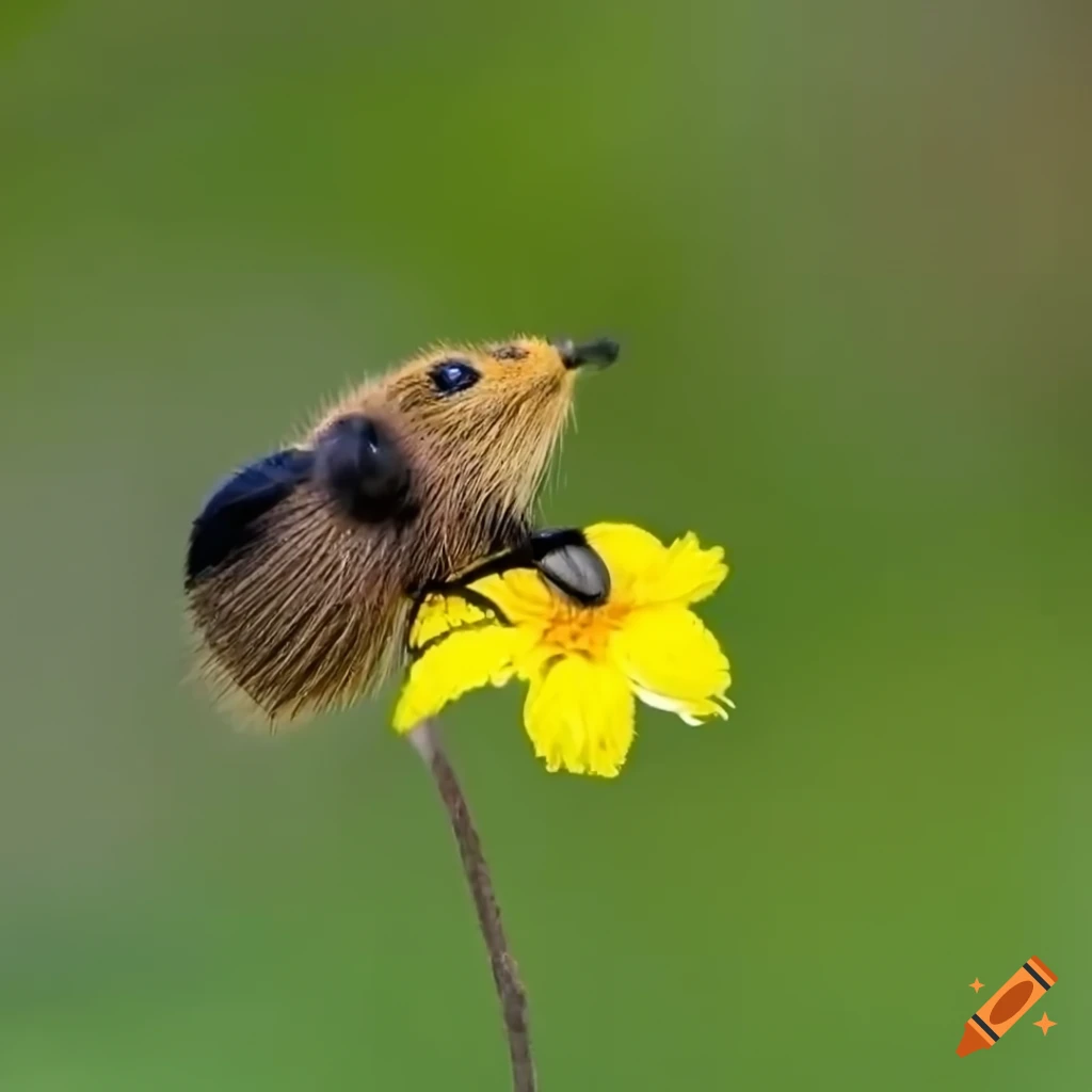 Faceted bee eyes on a flying capybara drinking nectar from a flower on ...