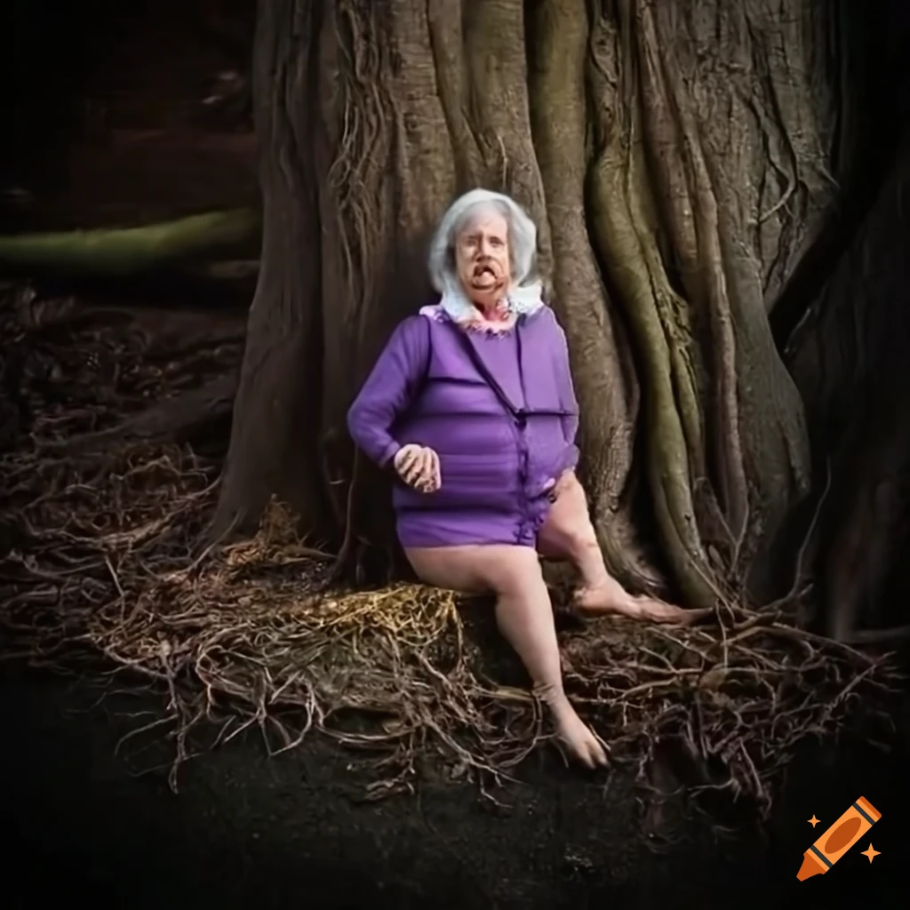 Elderly woman trapped under a large tree root on Craiyon